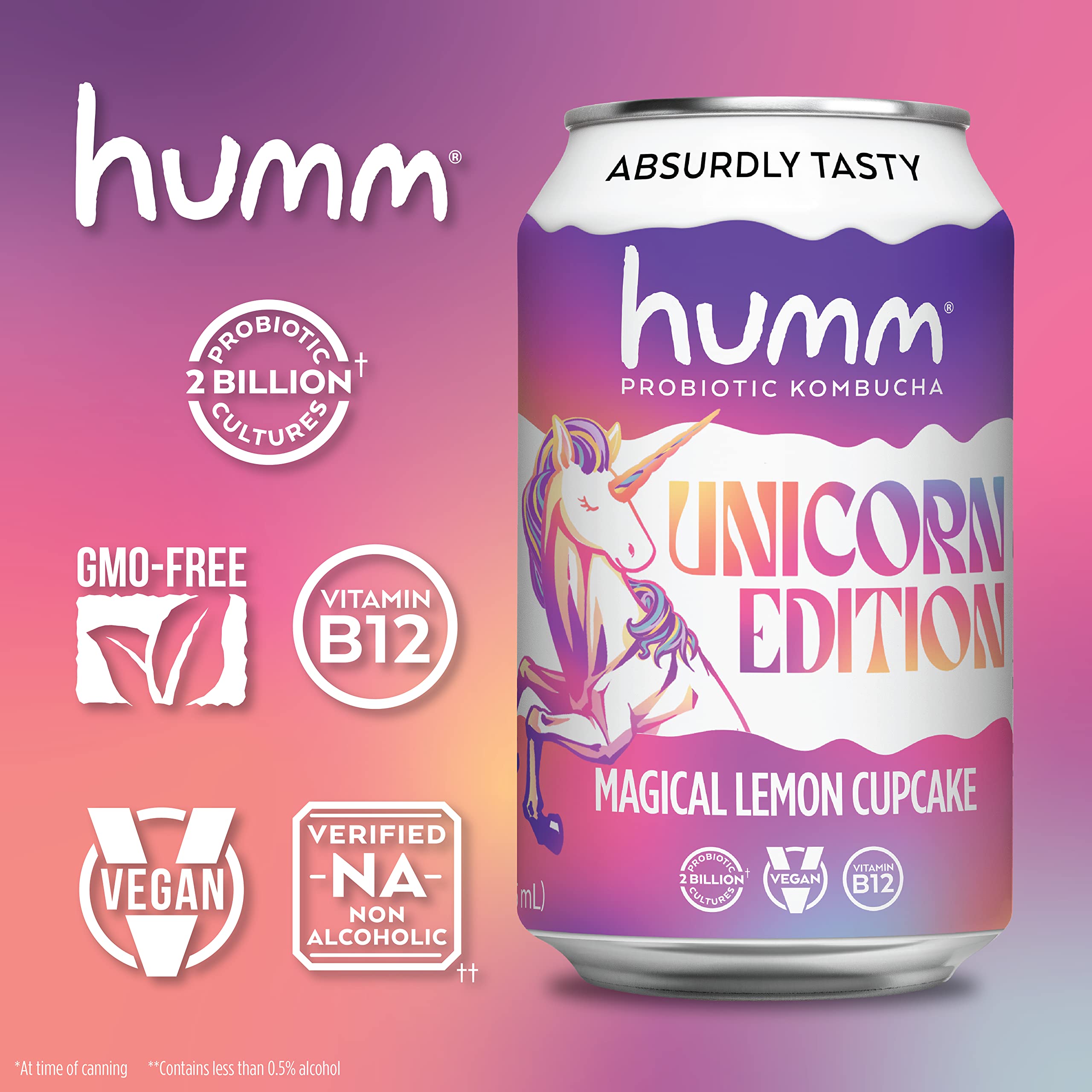 Humm Kombucha Magical Lemon Cupcake, Unicorn Edition - Organic, Vegan & GMO-Free (6 Pack)