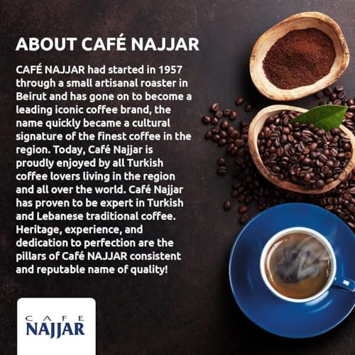 Café Najjar, Turkish Coffee with Cardamom, 200 Gr, 100% Arabica Coffee Beans, Ground Coffee, Dark Roast, Lebanese Coffee, Arabic Coffee, Coffee Beverages, Works with Turkish Coffee Machine.