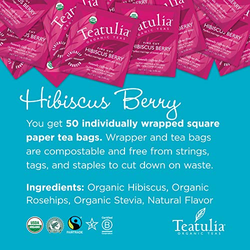 Teatulia Organic Hibiscus Berry Tea Bags (50 Wrapped Tea Bags) | 100% Compostable | Sustainably Grown In Egypt | Hibiscus & Rose Hips