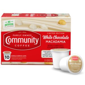 community coffee limited edition white chocolate macadamia 10 count flavored coffee pods, medium roast compatible with keurig 2.0 k-cup brewers