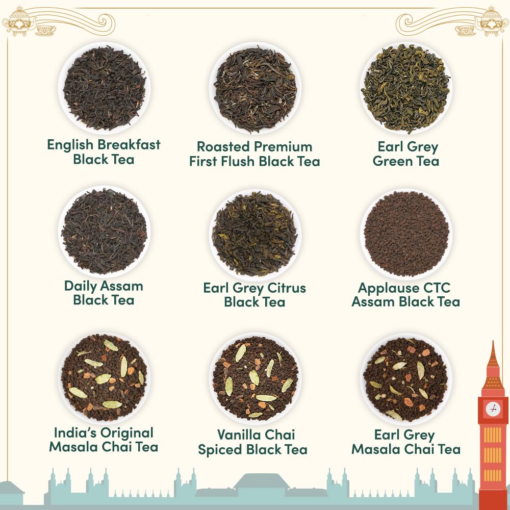 VAHDAM, Weekend In London Tea Gift Sets (3.5oz/50+ Cups) Travel Edition Gift Box | 9 Varieties - Chai Tea, Black Tea | Gluten Free, Non GMO | Gifts for Women, Gifts for Men, Gifts for Him/Her