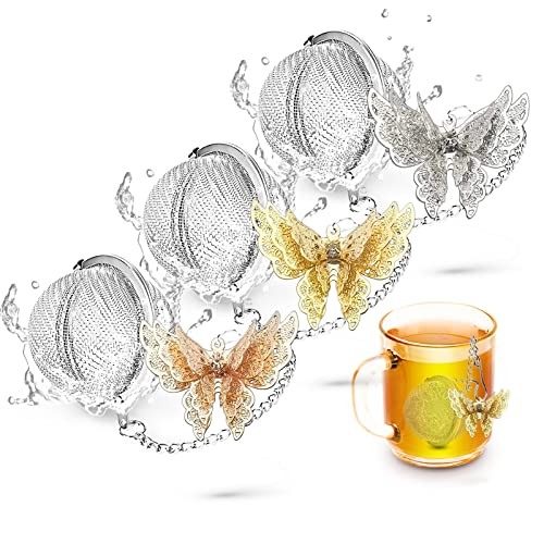 TeaSanavie Loose Tea Steeper 3 Sets Tea Ball Infusers for Loose Tea, Tea Leaf Infuser 3D Butterfly Pendant Tea Diffusers for Loose Tea Stainless Steel Tea Infuser with Charm Tea Holder