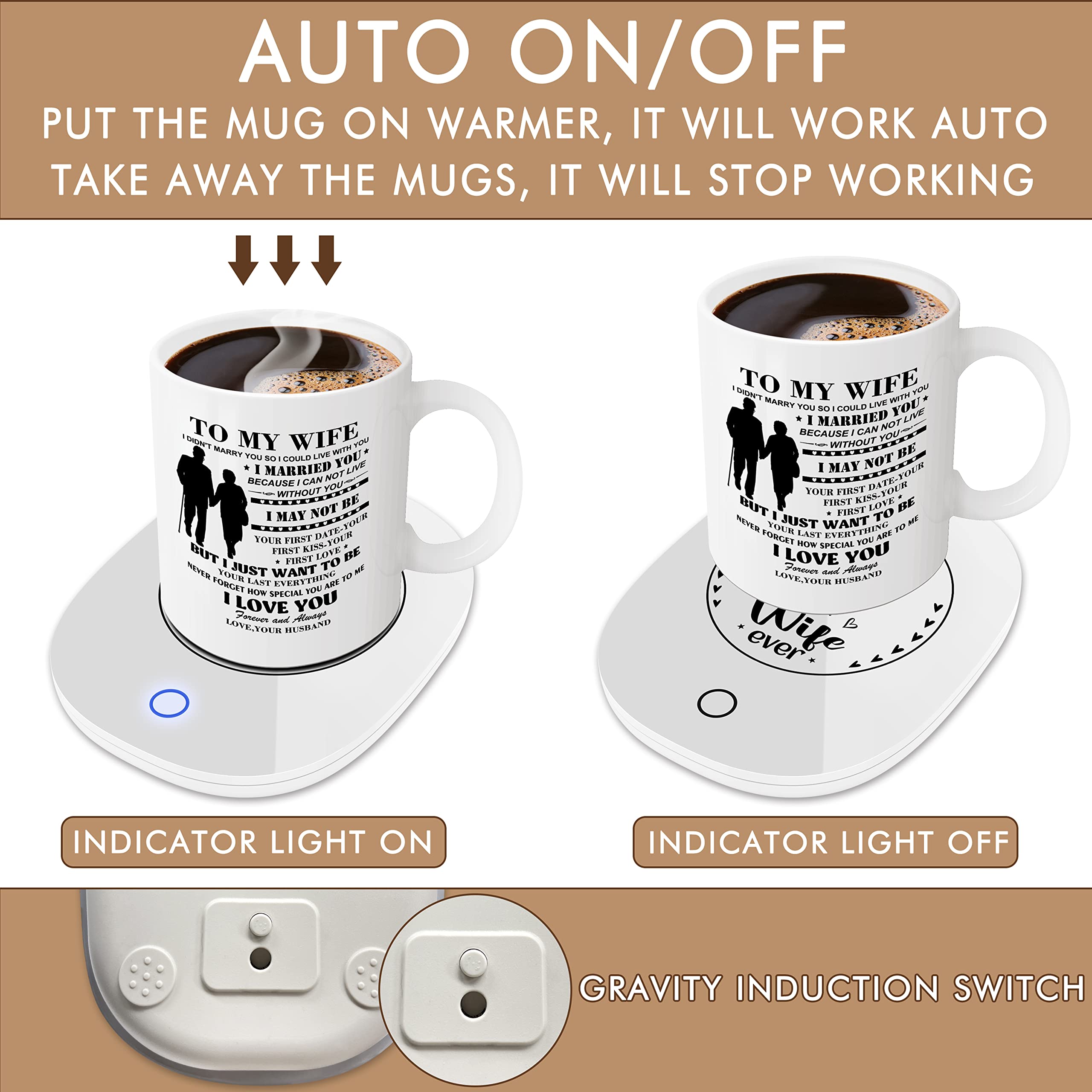 Gifts for Wife-Gifts for Wife Mother's Day Great Mug Warmer Set-Mothers Day Wife Gifts from Husband Smart Warmer Thermostat Coaster with Mug, Beverage Warmer Maintain Temperature 120℉-140℉