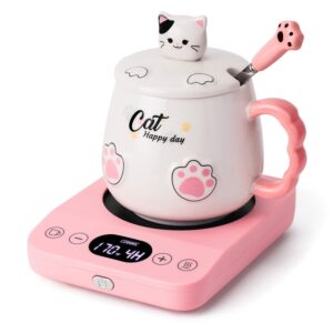 coffee mug warmer & cute cat mug set, electric coffee warmer for desk with 9 temp setting (up to 180℉/ 80℃), 1-9 timer smart cup warmer plate for beverage milk tea, gravity induction auto on/off