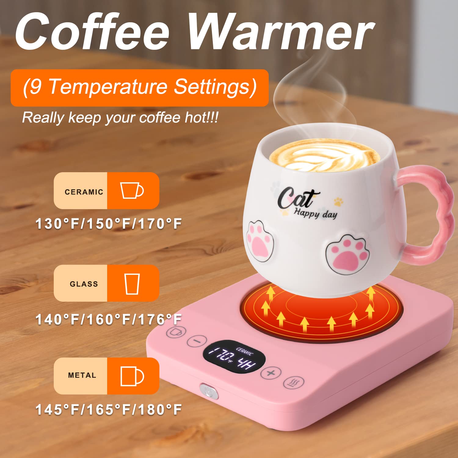 Coffee Mug Warmer & Cute Cat Mug Set, Electric Coffee Warmer for Desk with 9 Temp Setting (Up to 180℉/ 80℃), 1-9 Timer Smart Cup Warmer Plate for Beverage Milk Tea, Gravity Induction Auto ON/Off