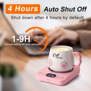 Coffee Mug Warmer & Cute Cat Mug Set, Electric Coffee Warmer for Desk with 9 Temp Setting (Up to 180℉/ 80℃), 1-9 Timer Smart Cup Warmer Plate for Beverage Milk Tea, Gravity Induction Auto ON/Off