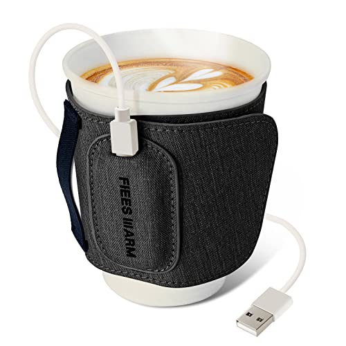 Coffee and Drinks Heated Sleeve Reusable Coffee Warmer with Portable USB Fast Charging Heats Cups, a Drink Holder with an Adjustable Sleeve, Type C USB Cable Included (Black)