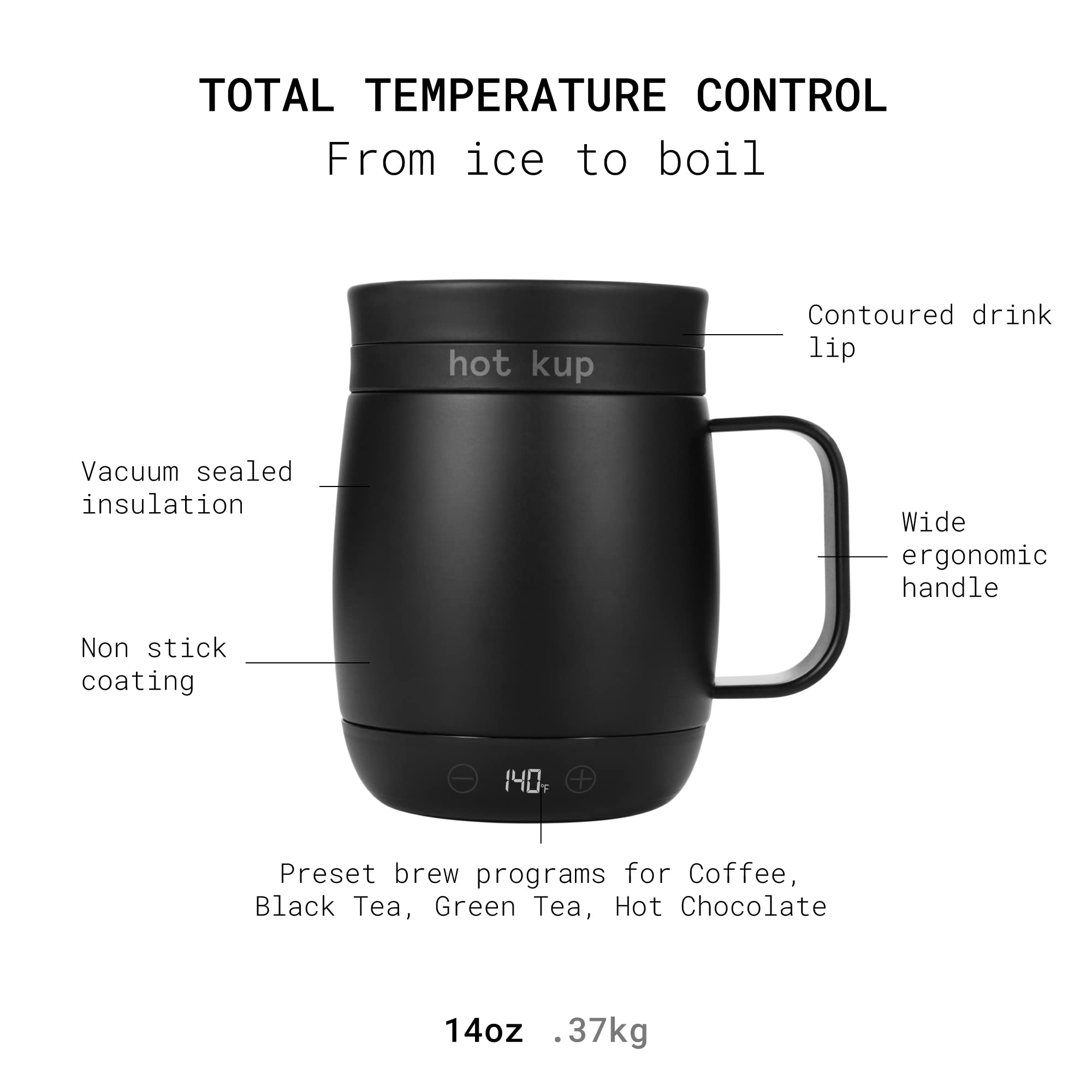 HOT KUP Heated Coffee Mug 14oz Temperature Controlled Smart Cup Black