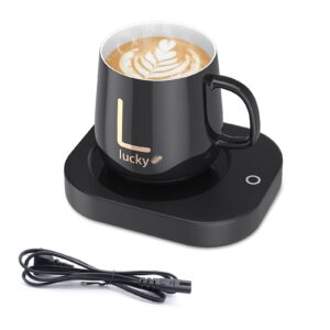 coffee warmer with mug, hooshion automatic shut-off desk coffee warmer, 2 temperature modes coffee cup warmer for heating coffee, drinks, milk, tea and hot chocolate