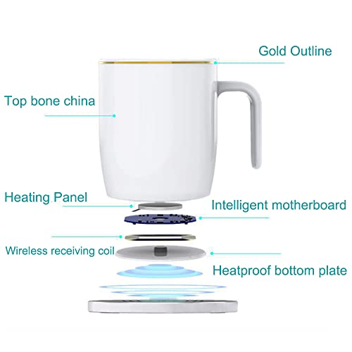 Wireless Coffee Cup Mug Warmer Heater top Bone China Cup Mug Warmer Wireless Charger Temperature Control Mug Heater Automatic Warmer Mug Cup USB Powered Warmer Cup for Cocoa,Milk,Tea 280ml