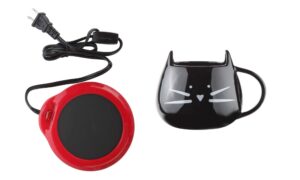 home-x - mug warmer, multipurpose heating pad for desktop heated coffee & tea or candle & wax warmer, red finish and ceramic cat coffee and tea mug, black