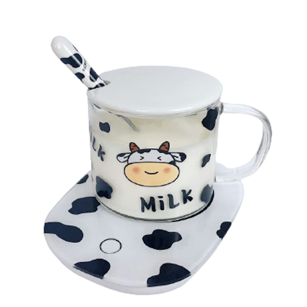 Cow Mug Set with Lid Spoon and Warmer, Cute Kawaii Clear Glass Cow Cup with Ceramics Lid Auto Shut Off Mug Warmer Breakfast Coffee Tea Milk Heating Home Office Desk Use (A Set)