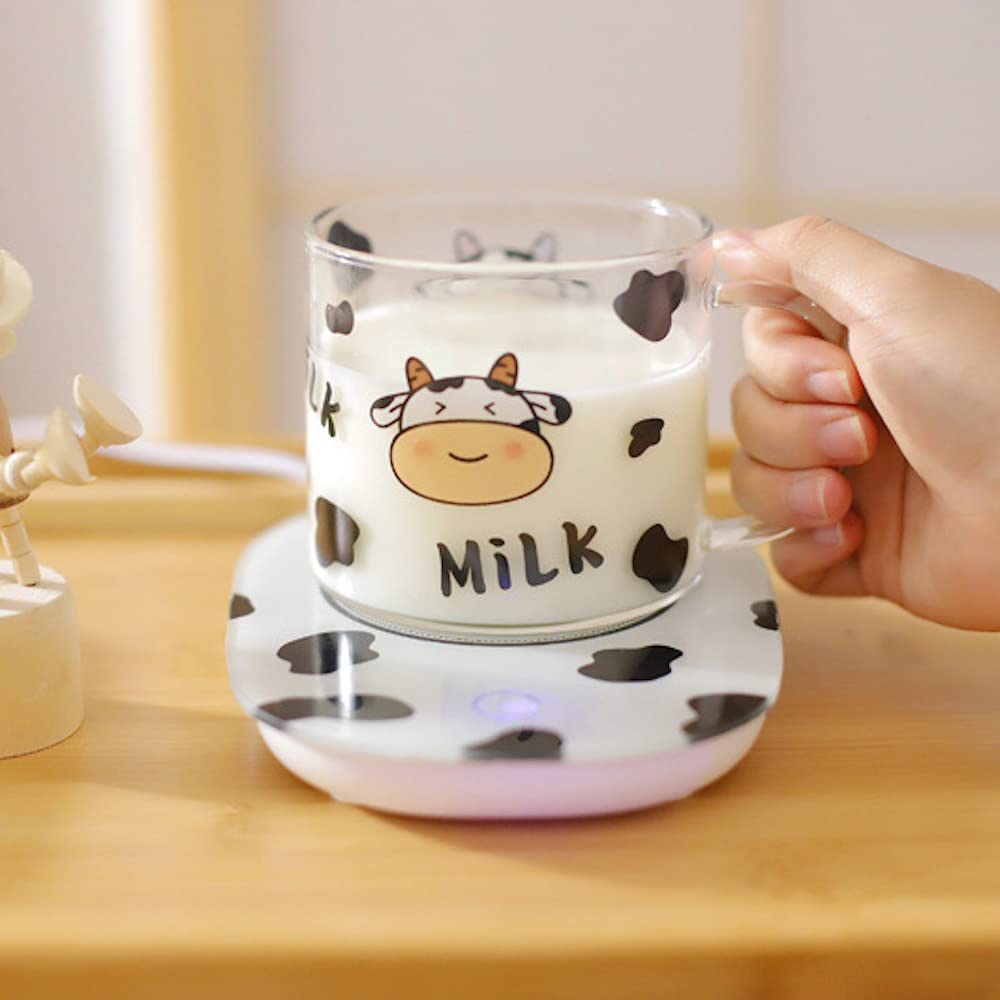 Cow Mug Set with Lid Spoon and Warmer, Cute Kawaii Clear Glass Cow Cup with Ceramics Lid Auto Shut Off Mug Warmer Breakfast Coffee Tea Milk Heating Home Office Desk Use (A Set)