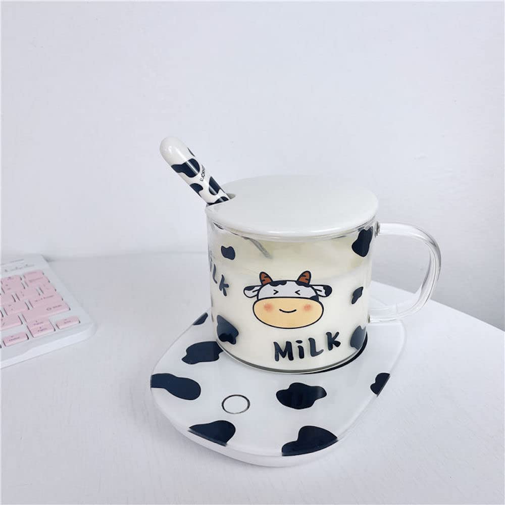 Cow Mug Set with Lid Spoon and Warmer, Cute Kawaii Clear Glass Cow Cup with Ceramics Lid Auto Shut Off Mug Warmer Breakfast Coffee Tea Milk Heating Home Office Desk Use (A Set)