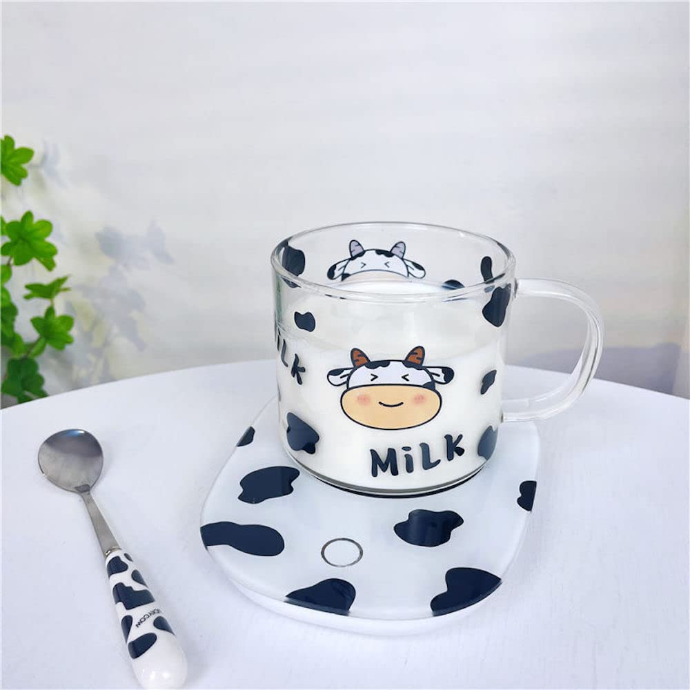 Cow Mug Set with Lid Spoon and Warmer, Cute Kawaii Clear Glass Cow Cup with Ceramics Lid Auto Shut Off Mug Warmer Breakfast Coffee Tea Milk Heating Home Office Desk Use (A Set)