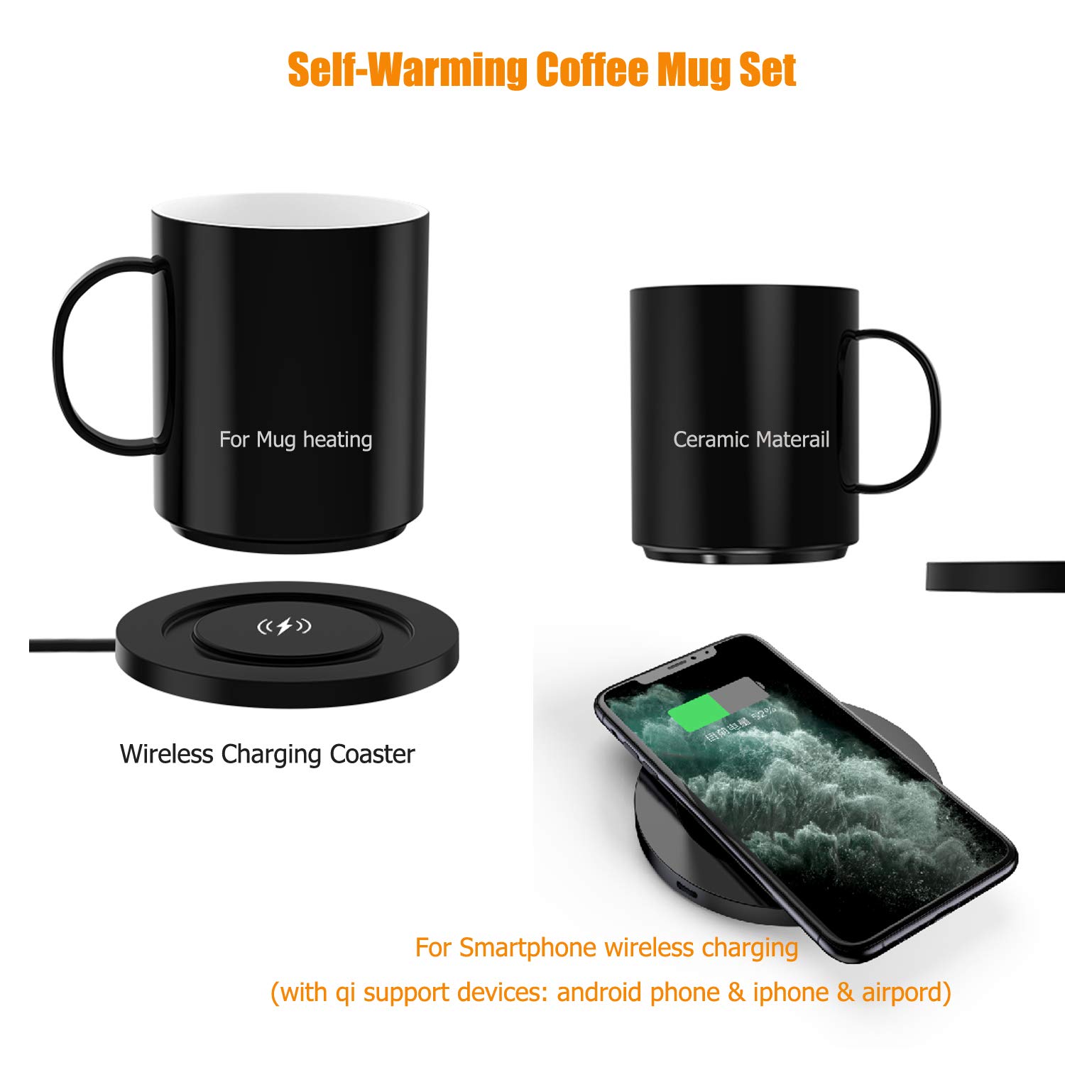 Electric Coffee Mug Warmer 12oz Beverage Mug Set with Auto On/Off 24 Watt Warmer Coaster Up to 55℃/131℉, Keeps Coffee Milk Tea Warm All Day