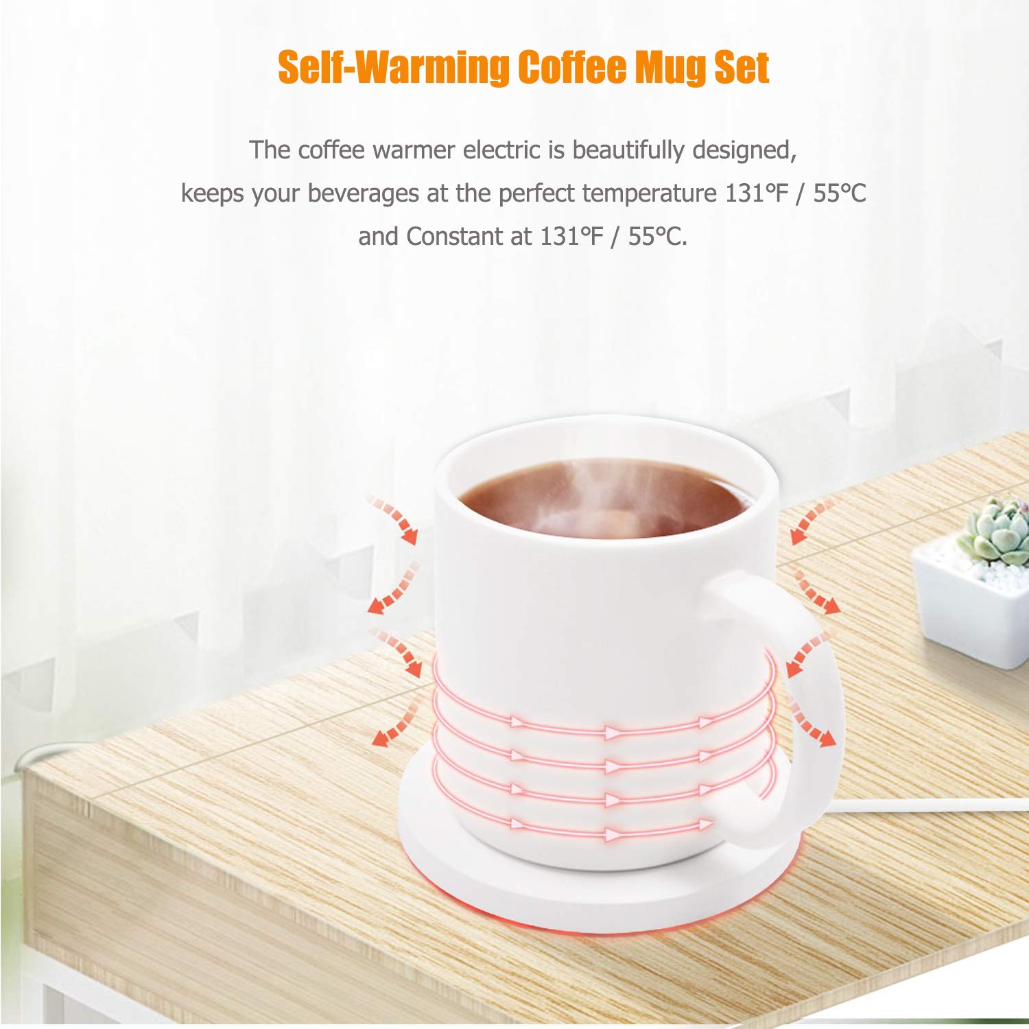 Electric Coffee Mug Warmer 12oz Beverage Mug Set with Auto On/Off 24 Watt Warmer Coaster Up to 55℃/131℉, Keeps Coffee Milk Tea Warm All Day