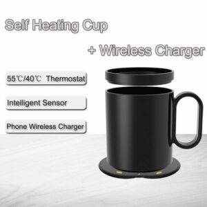 Ebooine Smart Coffee Mug Warmer Self-Heating Cup, 131°F or 104°F Temperature Selection, 12 oz, Black, Fast Wireless Charger Base Automatic Shut Off Function