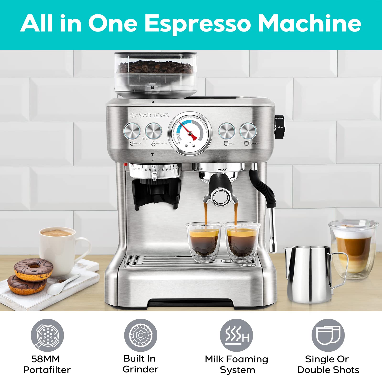 CASABREWS Espresso Machine With Grinder, Professional Espresso Maker With Milk Frother Steam Wand, Barista Latte Machine With Removable Water Tank for Cappuccinos or Macchiatos, Gift for Mom Dad