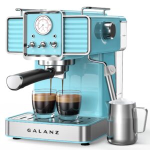 galanz retro espresso machine with milk frother, 15 bar pump professional cappuccino and latte machine, 1.5l removable water tank, retro blue, 1350 w