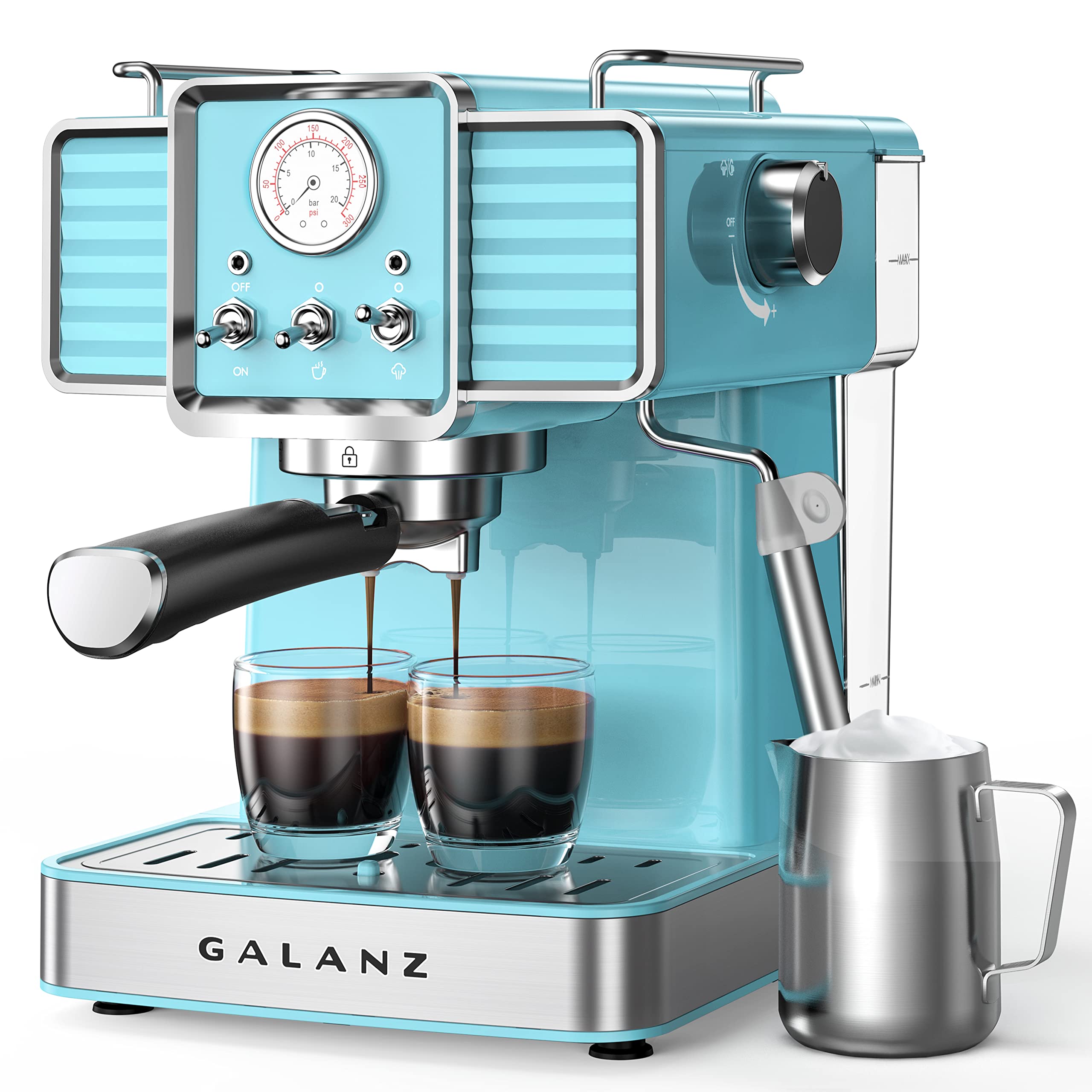 Galanz Retro Espresso Machine with Milk Frother, 15 Bar Pump Professional Cappuccino and Latte Machine, 1.5L Removable Water Tank, Retro Blue, 1350 W