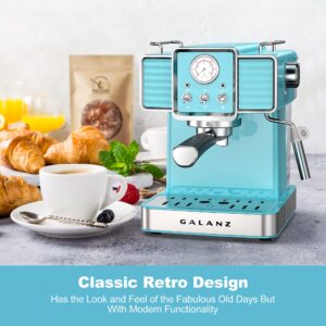 Galanz Retro Espresso Machine with Milk Frother, 15 Bar Pump Professional Cappuccino and Latte Machine, 1.5L Removable Water Tank, Retro Blue, 1350 W