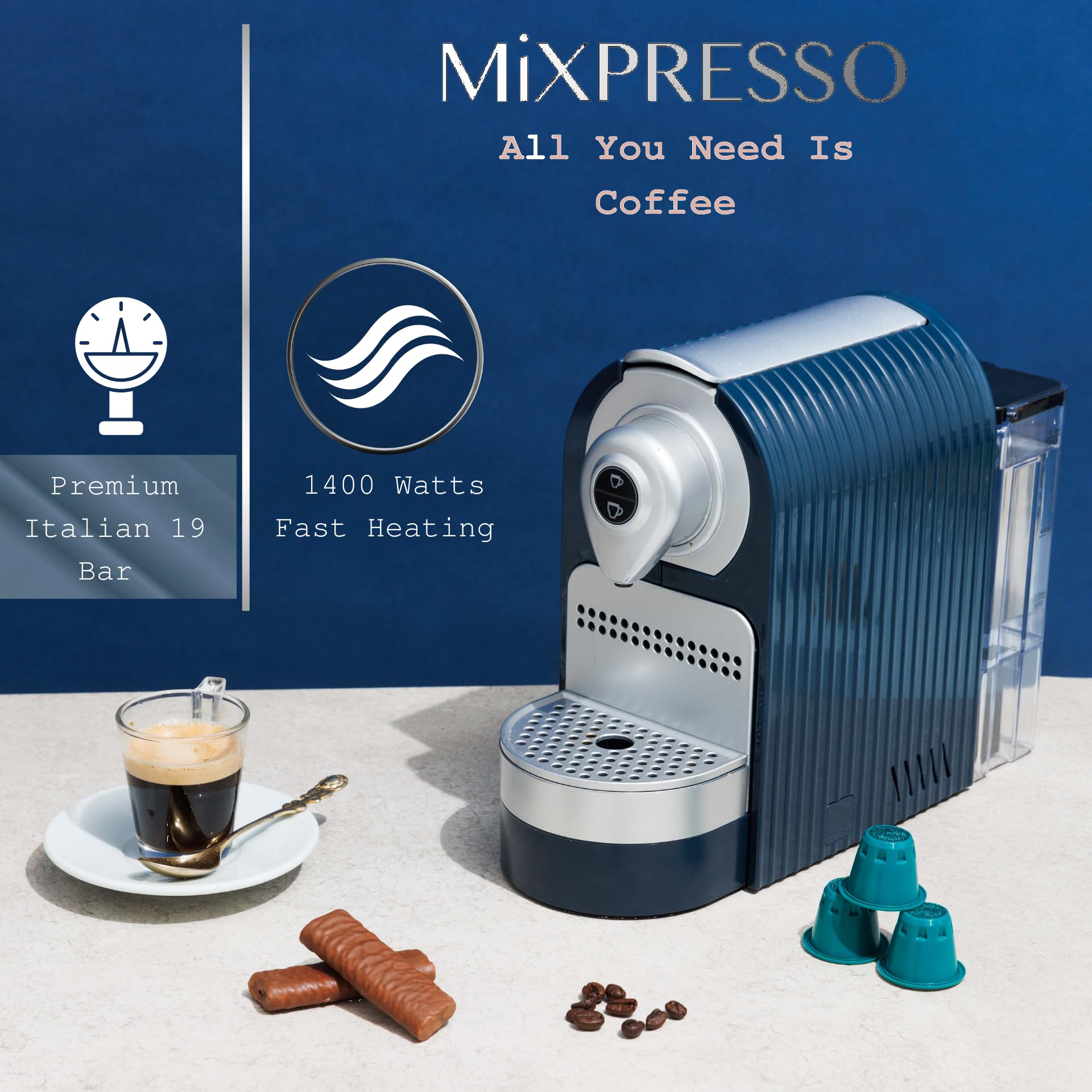 Mixpresso Espresso Machine for Nespresso Compatible Capsule, Single Serve Coffee Maker Programmable for Espresso Pods, Premium Italian 19 Bar High Pressure Pump 27oz 1400w Blue Coffee Maker