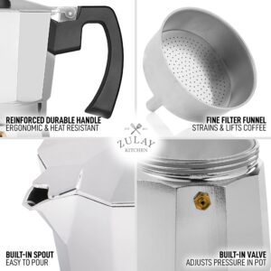 Zulay Classic Italian Style 8 Espresso Cup Moka Pot, Classic Stovetop Espresso Maker for Great Flavored Strong Espresso, Makes Delicious Coffee, Easy to Operate & Quick Cleanup Pot (Silver)