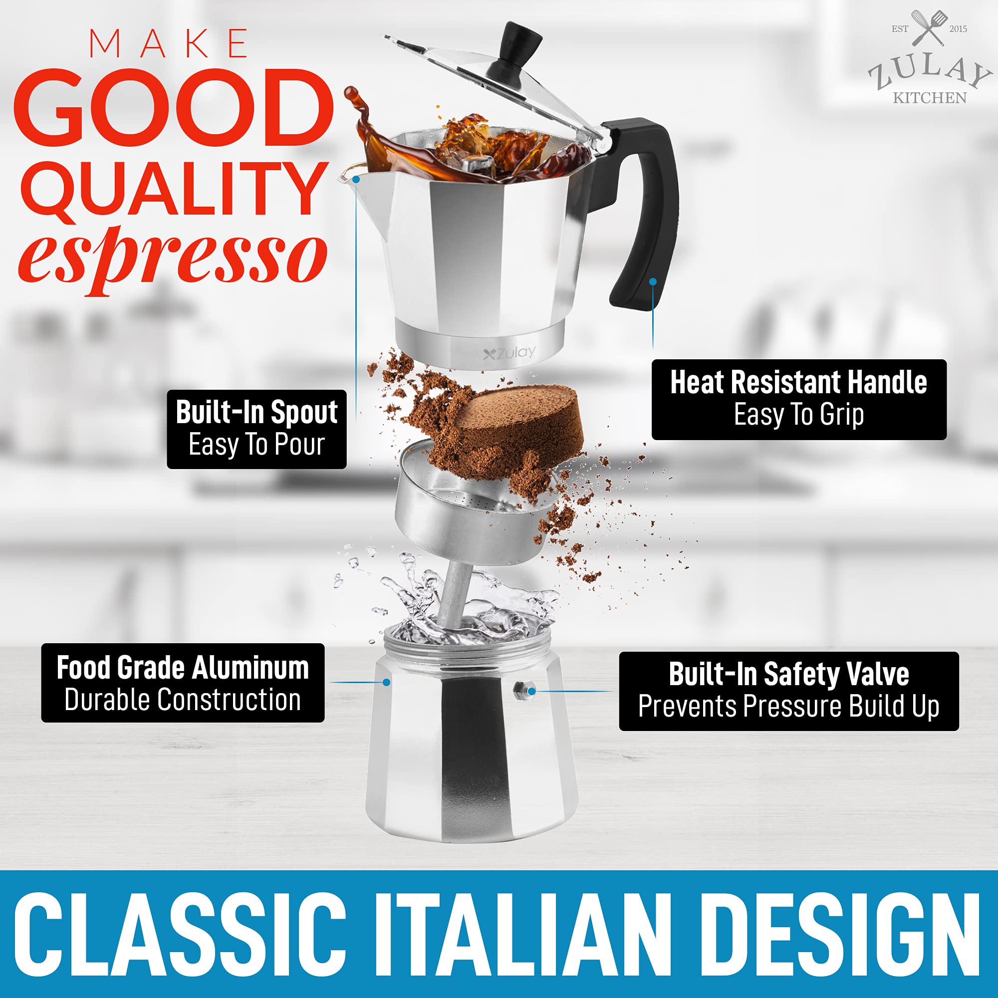 Zulay Classic Italian Style 8 Espresso Cup Moka Pot, Classic Stovetop Espresso Maker for Great Flavored Strong Espresso, Makes Delicious Coffee, Easy to Operate & Quick Cleanup Pot (Silver)