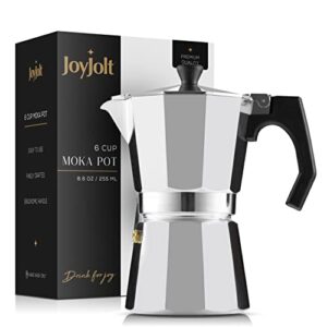 joyjolt italian moka pot 6 cup stovetop espresso maker. aluminum coffee percolator coffee pot with heat resistant handles! portable espresso maker camping coffee pot, stove top cafetera