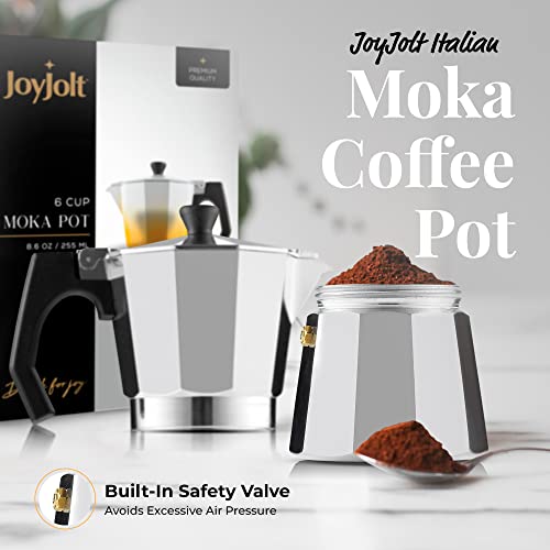 JoyJolt Italian Moka Pot 6 Cup Stovetop Espresso Maker. Aluminum Coffee Percolator Coffee Pot With Heat Resistant Handles! Portable Espresso Maker Camping Coffee Pot, Stove Top Cafetera