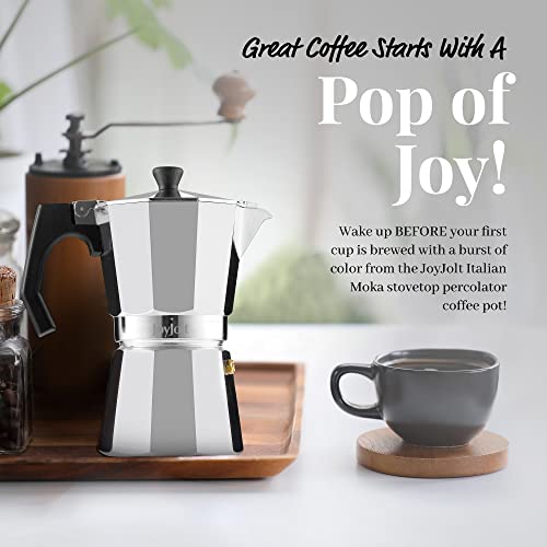 JoyJolt Italian Moka Pot 6 Cup Stovetop Espresso Maker. Aluminum Coffee Percolator Coffee Pot With Heat Resistant Handles! Portable Espresso Maker Camping Coffee Pot, Stove Top Cafetera