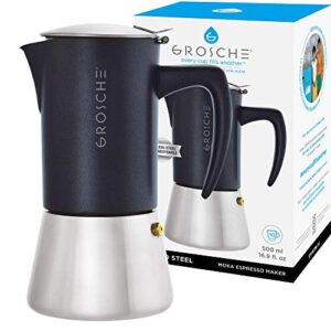 grosche milano steel | 10 espresso cup | stovetop espresso maker: stainless steel moka pot for greca, induction, electric & gas stoves | dishwasher safe stovetop espresso maker moka pot