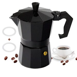 stovetop espresso maker, aluminium stovetop coffee maker pots, moka pot for classic espresso, 6 cup 10 oz, moka pot italian coffee maker for home and camping, comes with 2 rubber rings (black)