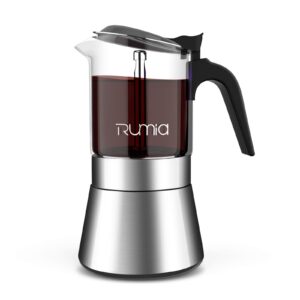 moka pot - rumia stovetop espresso maker, crystal glass & stainless steel moka pot, 6 espresso cup/240 ml/8.5 oz for strong coffee maker, dishwasher safe, classic percolator italian style