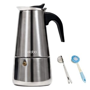 elabo stovetop espreeso machine and moka pot for gas or electric ceramic stovetop, italian espresso coffee shot maker for italian espresso, cappuccino and latte, stainless steel 304, 10 cups