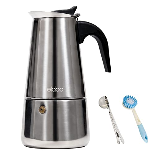 elabo Stovetop Espreeso Machine and Moka Pot for Gas or Electric Ceramic Stovetop, Italian Espresso Coffee Shot Maker for Italian Espresso, Cappuccino and Latte, Stainless Steel 304, 10 Cups