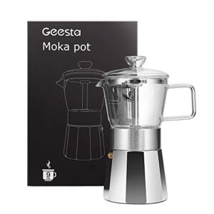 geesta premium crystal glass-top stovetop espresso moka pot - 9 cup - coffee maker, 360ml/12.7oz/9 cup (espresso cup=40ml) gift idea for husband wife