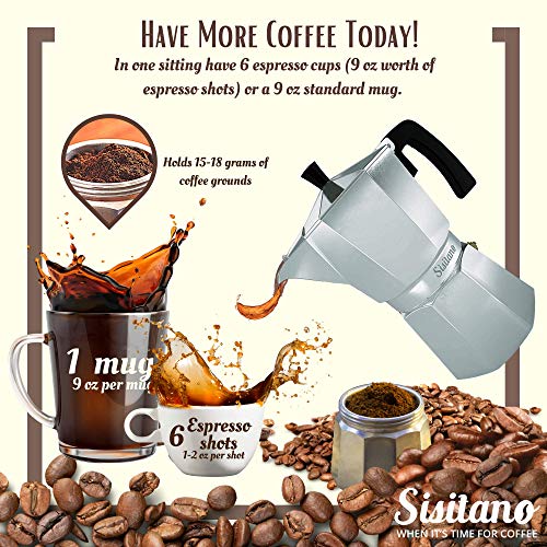 Sisitano Espresso Maker, 9oz Moka Pot 6 expresso cups, Greca Coffee Maker, Cafetera Cuban Coffee Maker, Percolator Coffee Pot, Electric/Gas Stovetop Espresso Maker inspired by Italian Coffee Makers