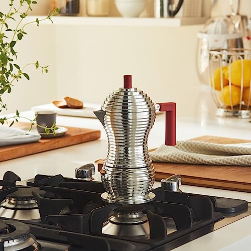 Alessi MDL02/3 R Pulcina Stove Top Espresso 3 Cup Coffee Maker in Aluminum Casting Handle And Knob in Pa, Red