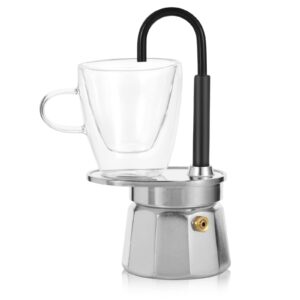 mvplue-mini express swiss single tube moka pot aluminum silver，moka set includes one double wall 3oz cup,enjoy delicious coffee in no time