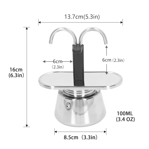 Yuecoom Stainless Steel Moka Pot, Moka Set includes Coffee Maker 2-Cup, 100ml Dual Pipe Stainless Steel Durable Food Grade Nonslip Thickened Strainer Widely Used Mocha Pot