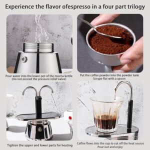 Yuecoom Stainless Steel Moka Pot, Moka Set includes Coffee Maker 2-Cup, 100ml Dual Pipe Stainless Steel Durable Food Grade Nonslip Thickened Strainer Widely Used Mocha Pot