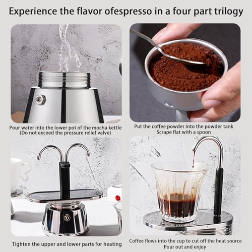 Yuecoom Stainless Steel Moka Pot, Moka Set includes Coffee Maker 2-Cup, 100ml Dual Pipe Stainless Steel Durable Food Grade Nonslip Thickened Strainer Widely Used Mocha Pot