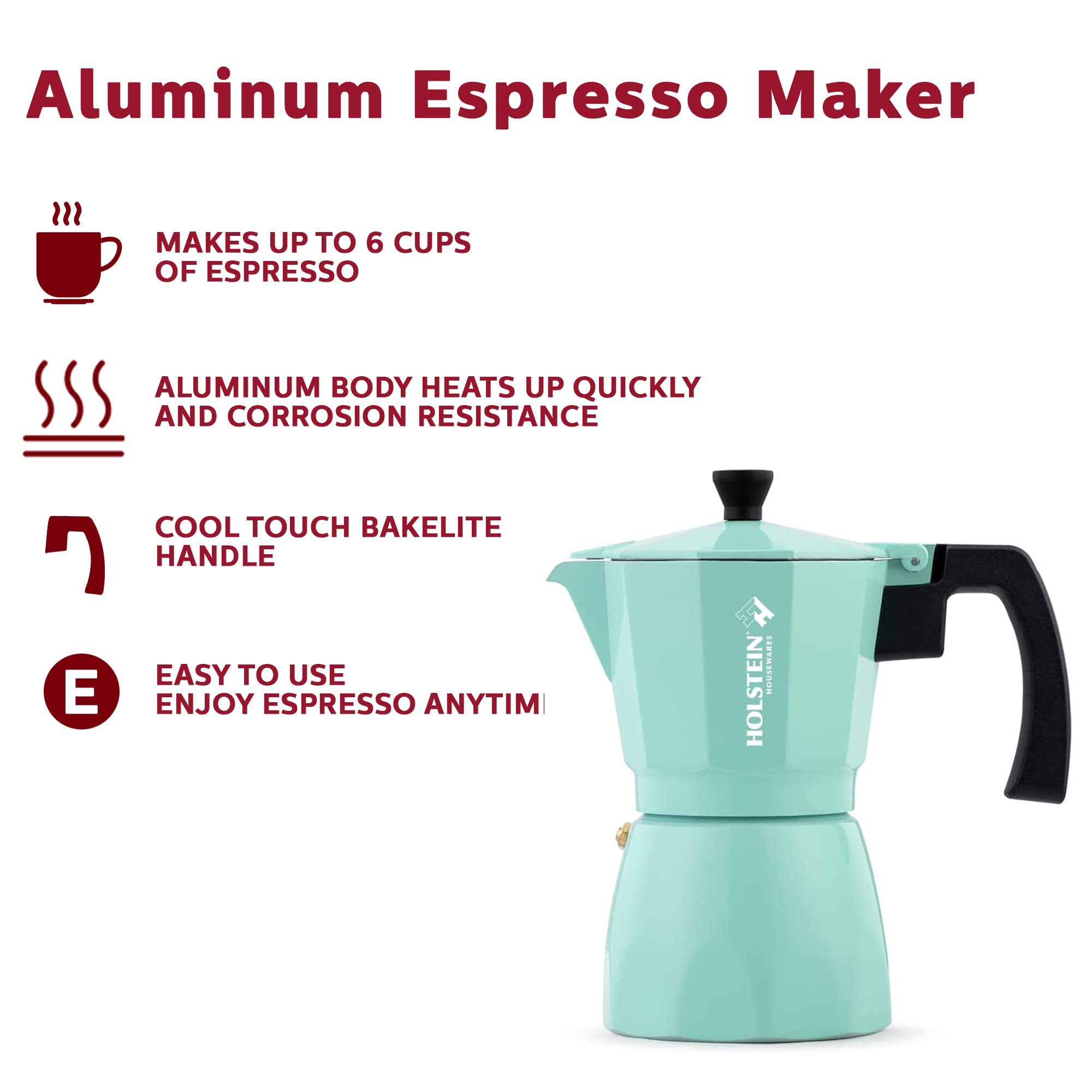 Holstein Housewares - 6 Cup Aluminum Stovetop Espresso Maker and Moka Pot - Great Tasting Traditional Espresso Coffee, Italian and Cuban Café Brewing in Minutes, Mint