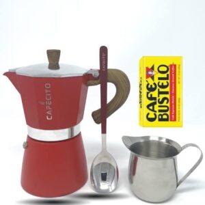 cuban coffee starter kit | cafecito 6 cups moka pot red set | cafetera cubana stovetop espresso maker red set | anti-splash valve included