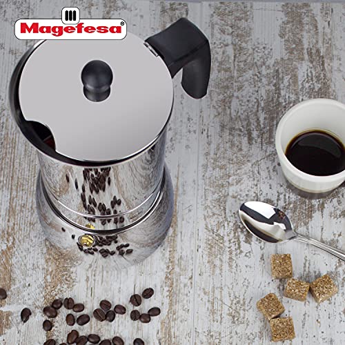 MAGEFESA ® Genova Stovetop Espresso Coffee Maker, 6 cups / 10 oz, made of 18/10 Stainless Steel, make your own ome Italian coffee, cuban coffee, with this moka pot, safe and easy to use, café