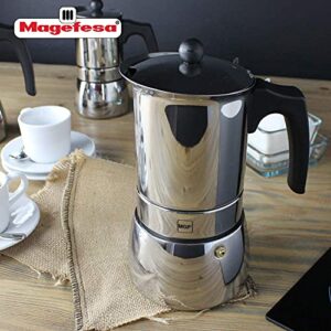 MAGEFESA ® Genova Stovetop Espresso Coffee Maker, 6 cups / 10 oz, made of 18/10 Stainless Steel, make your own ome Italian coffee, cuban coffee, with this moka pot, safe and easy to use, café