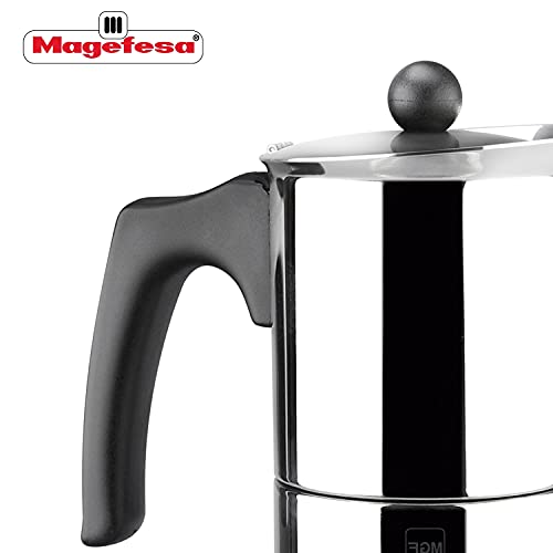 MAGEFESA ® Genova Stovetop Espresso Coffee Maker, 6 cups / 10 oz, made of 18/10 Stainless Steel, make your own ome Italian coffee, cuban coffee, with this moka pot, safe and easy to use, café