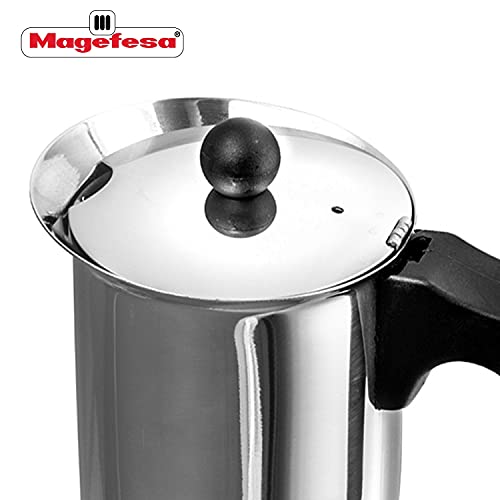 MAGEFESA ® Genova Stovetop Espresso Coffee Maker, 6 cups / 10 oz, made of 18/10 Stainless Steel, make your own ome Italian coffee, cuban coffee, with this moka pot, safe and easy to use, café